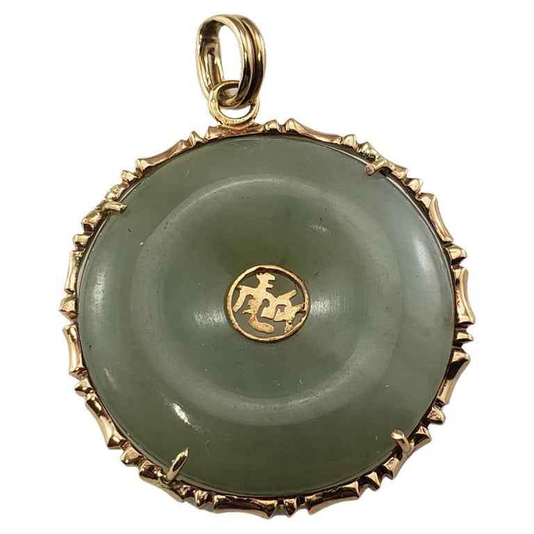 14 Karat Yellow Gold and Jade Chinese Good Luck Pendant at 1stDibs