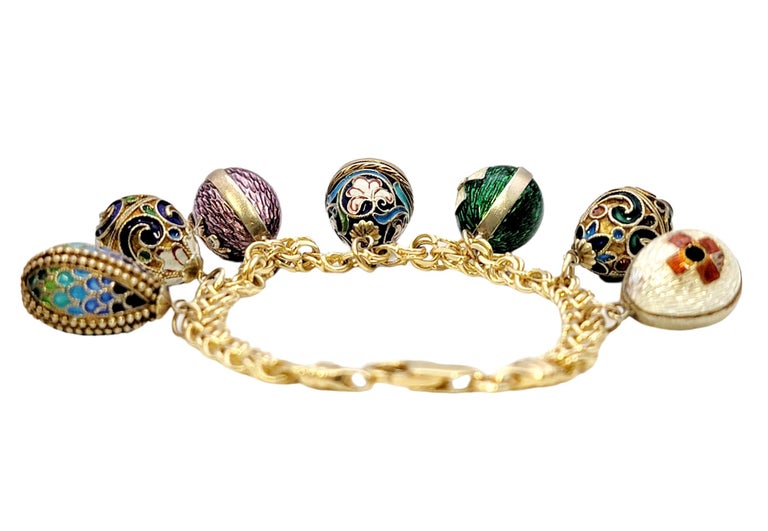 Vintage 14 Karat Yellow Gold Charm Bracelet with 7 Colorful Enamel Egg ...