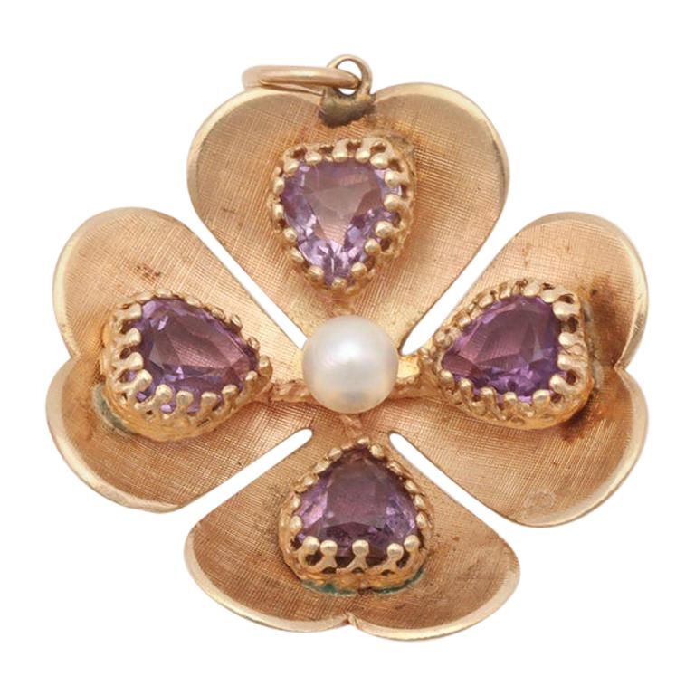 Vintage 14 Karat Yellow Gold Large Amethyst Pearl Four Leaf Clover ...