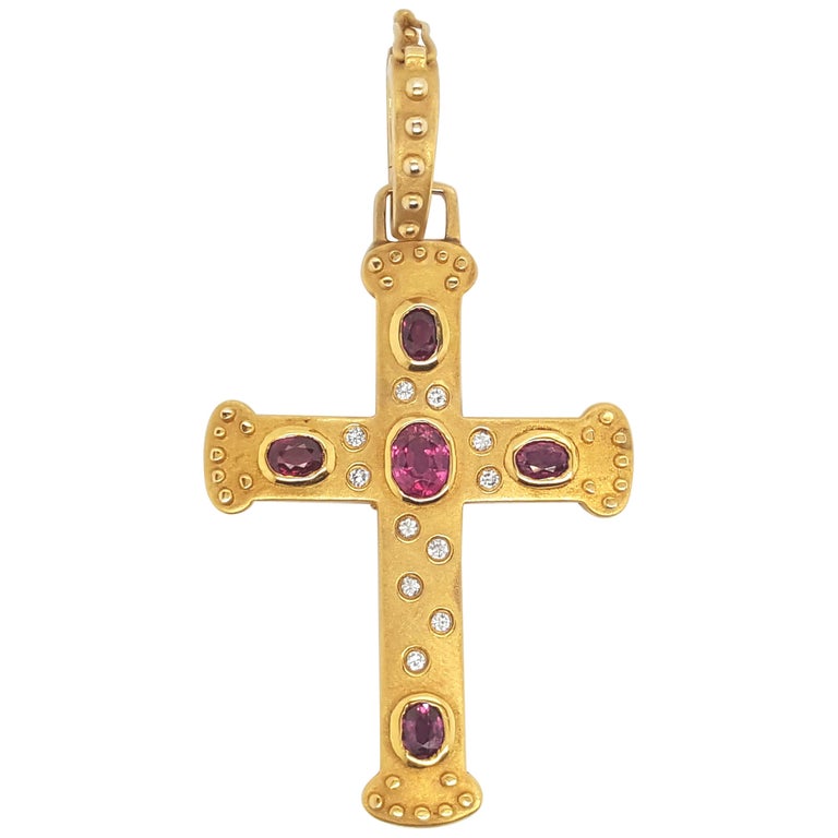 Vintage 14 Karat Yellow Gold Oval Ruby and Diamond Cross Pendant at ...