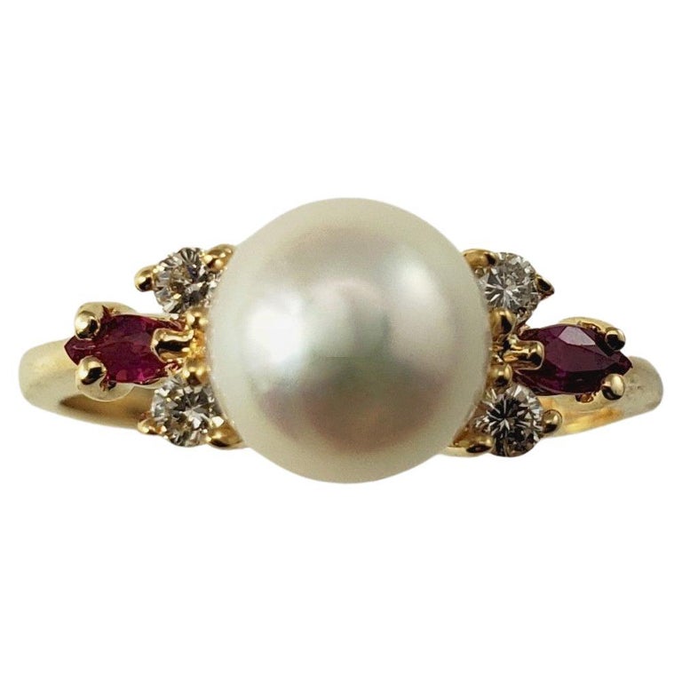 14 Karat Yellow Gold Pearl Ruby and Diamond Ring at 1stDibs
