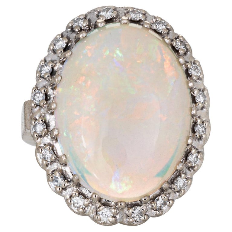 Vintage 14.50ct Natural Opal Diamond Ring 14k White Gold Large Oval Cocktail 5 For Sale at 1stDibs