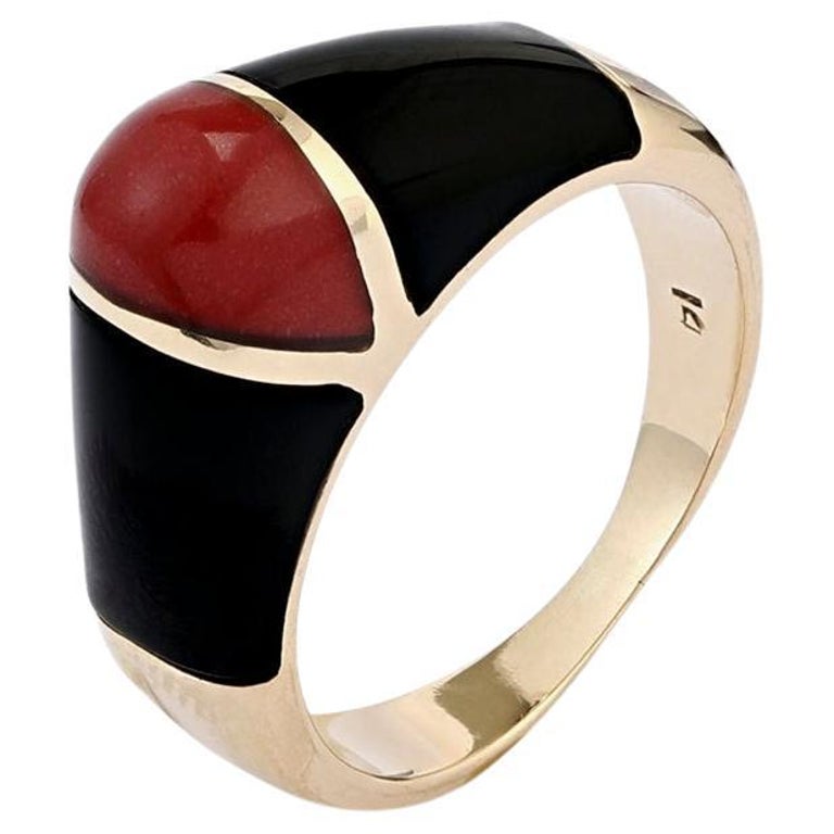 Vintage 14ct Gold and Black Onyx Ring with Coral Dome For Sale at 1stDibs