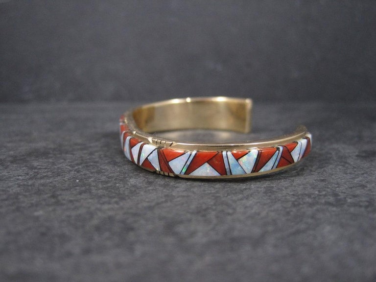 Vintage 14K Coral and Opal Inlay Cuff Bracelet For Sale at 1stDibs