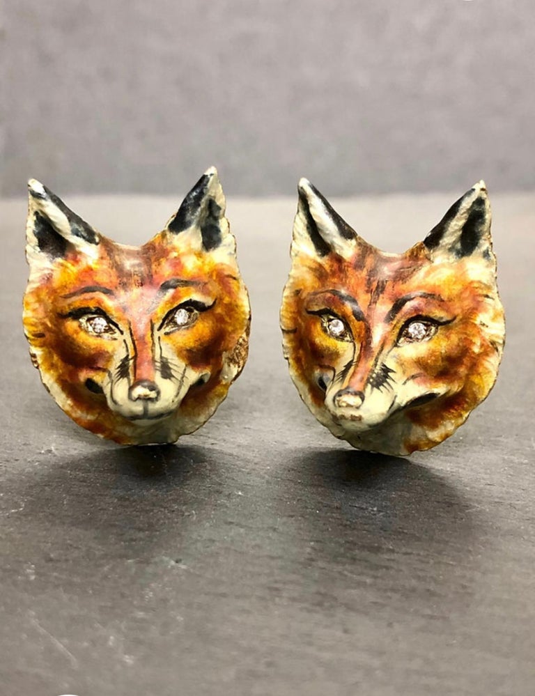 Vintage 14k Enamel Diamond Fox Cufflinks For Sale at 1stDibs