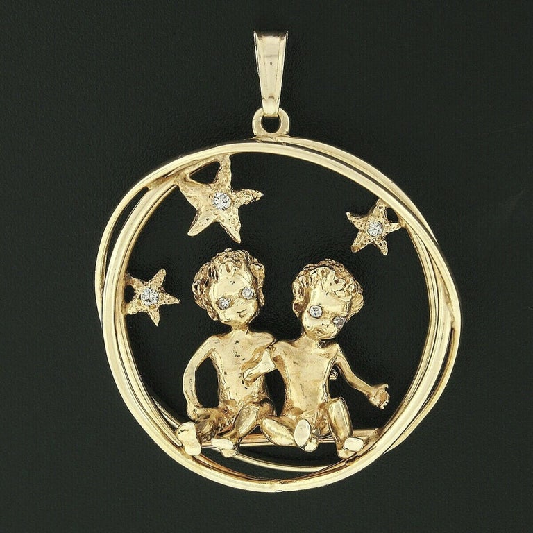 Vintage 14K Gold 0.18ctw Diamond Angel Gemini Zodiac Sign Large 3D ...