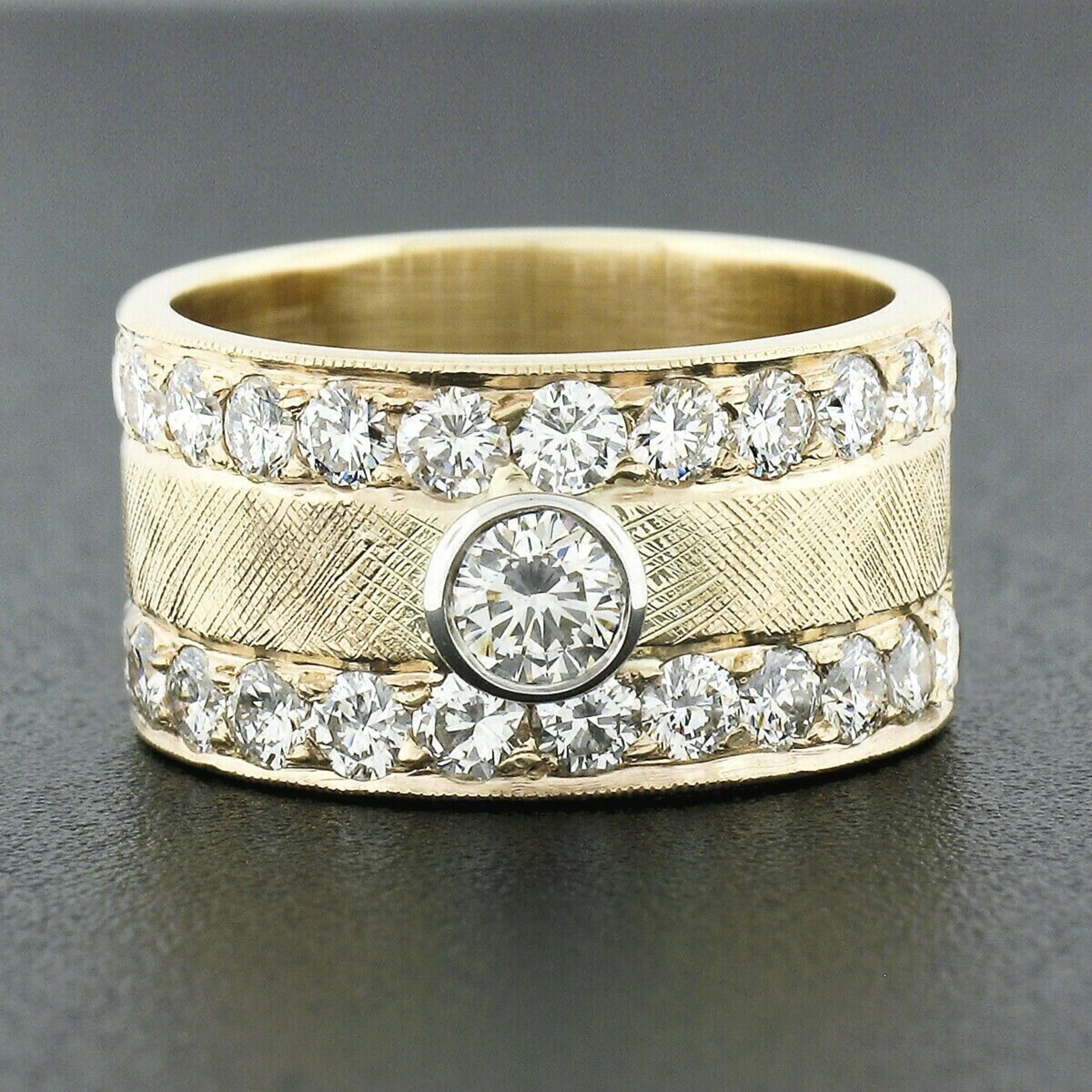 Vintage 14k Gold 1.66ctw Round Bezel Diamond w/ Florentine Finish Wide ...