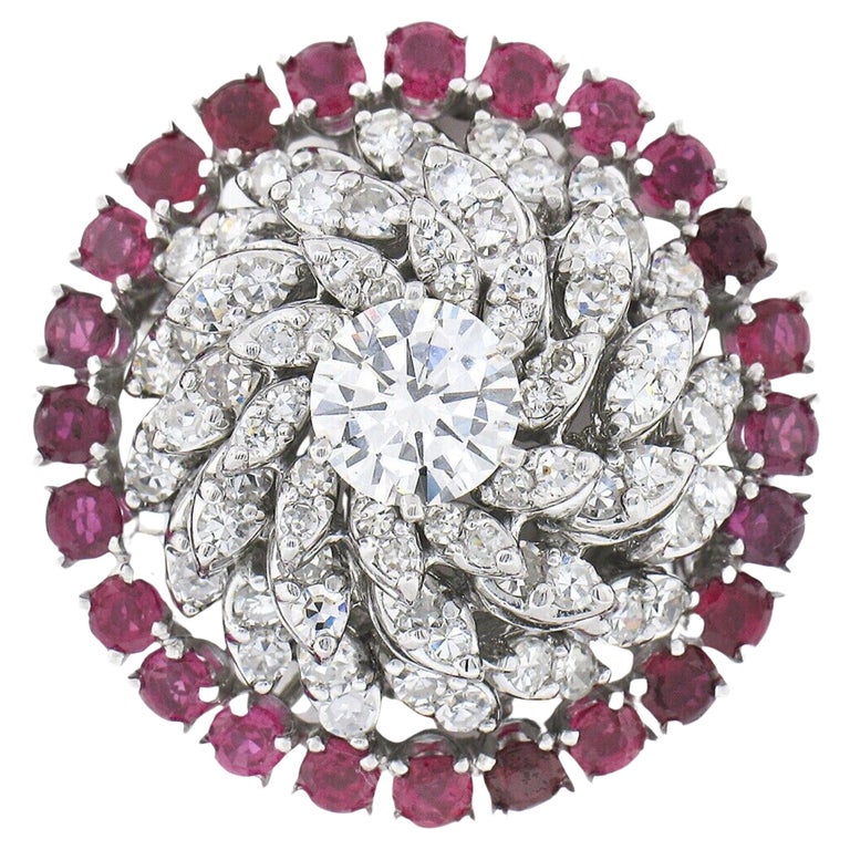 Vintage 14k Gold 5.41ct GIA Round Diamond Swirl Cocktail w/ Ruby Insert ...