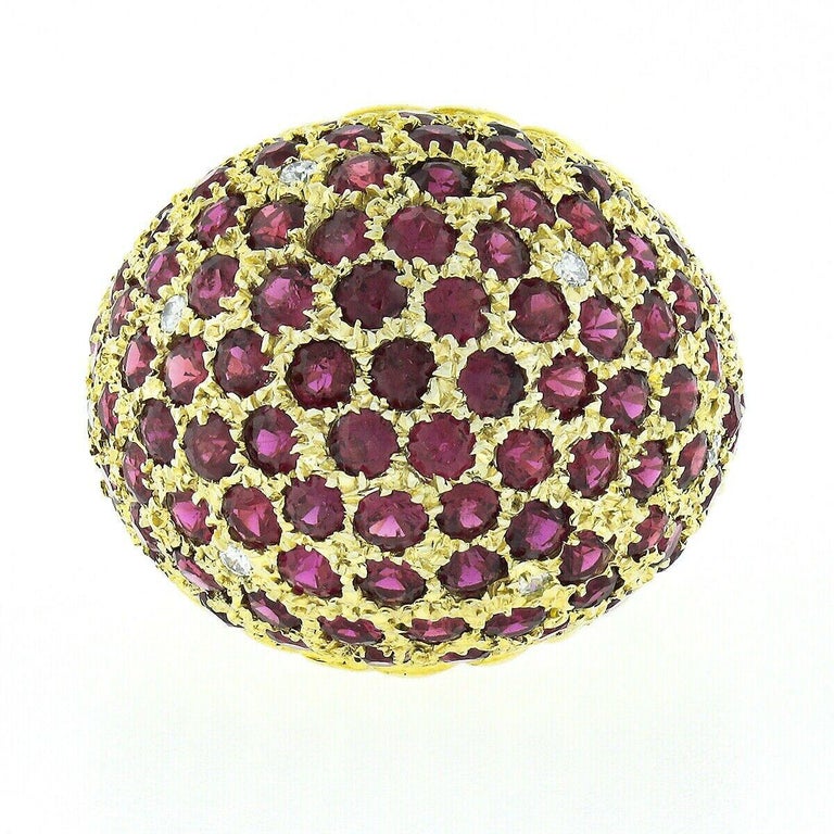 Vintage 14k Gold 6.07ctw Cluster Pave Ruby and Diamond Cable Sides Dome ...