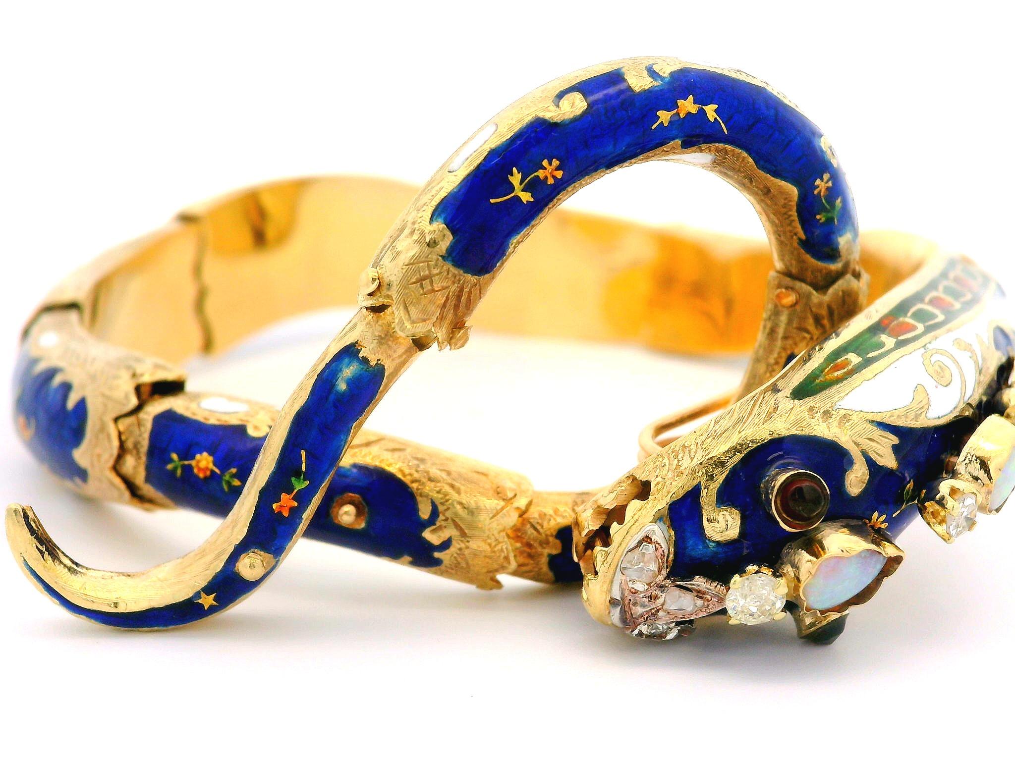 Vintage 14k Gold Garnet Diamond and Opal Blue Enamel Snake Arm Bangle ...