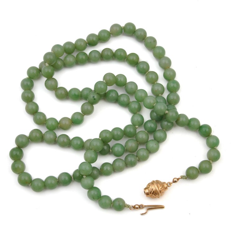 Vintage 14k Gold Jadeite Jade Long Single-Strand Beaded Necklace For ...