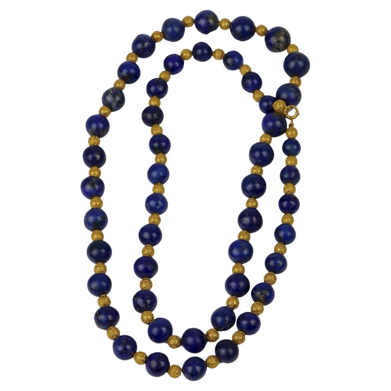 Vintage 14k Yellow Gold Lapis Lazuli Beaded Necklace For Sale at 1stDibs