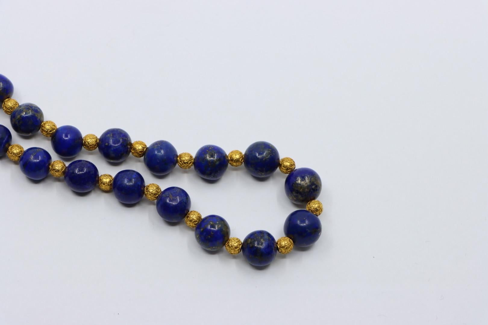 Vintage 14K Gold Lapis Beads Necklace For Sale at 1stDibs