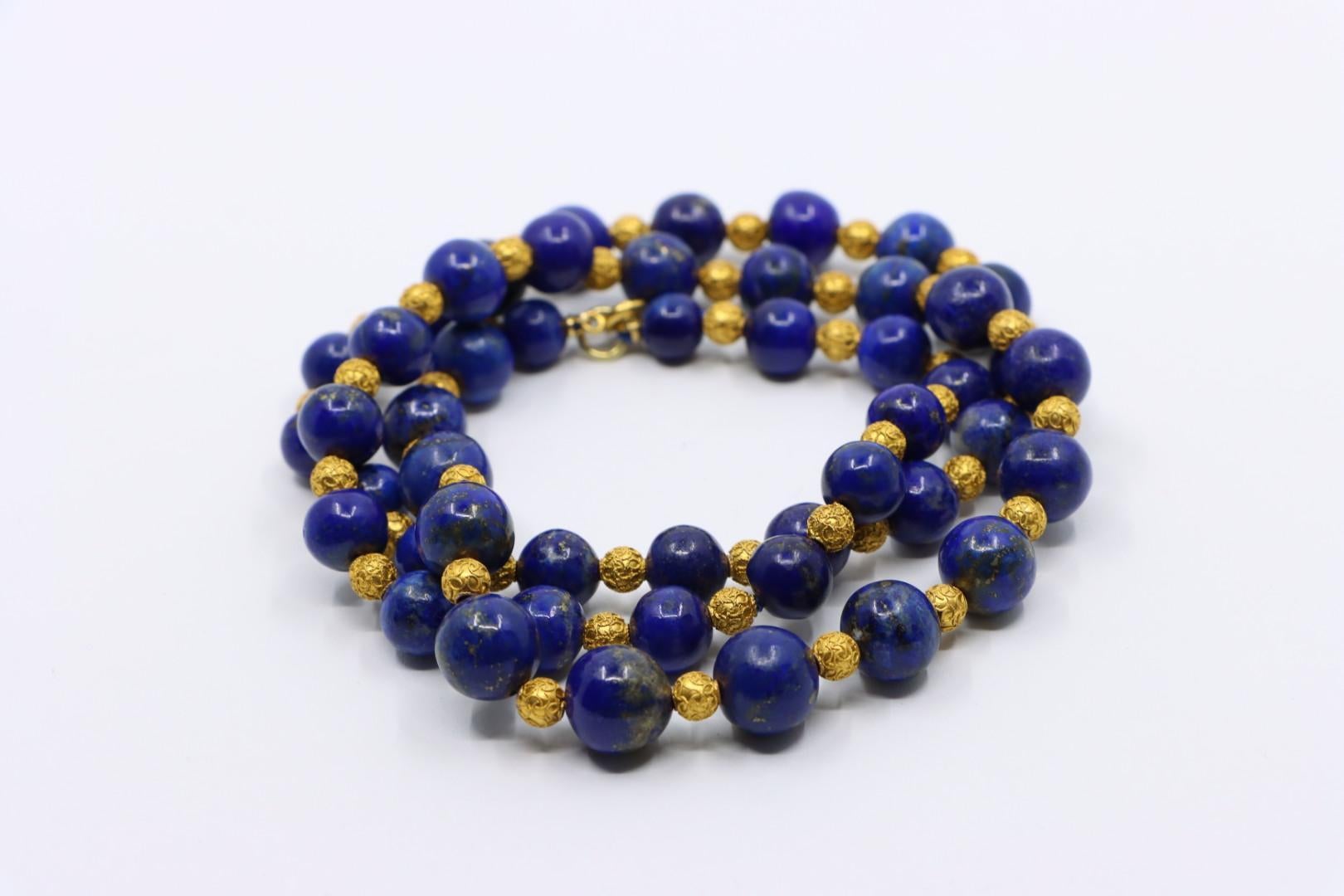 Vintage 14K Gold Lapis Beads Necklace For Sale at 1stDibs