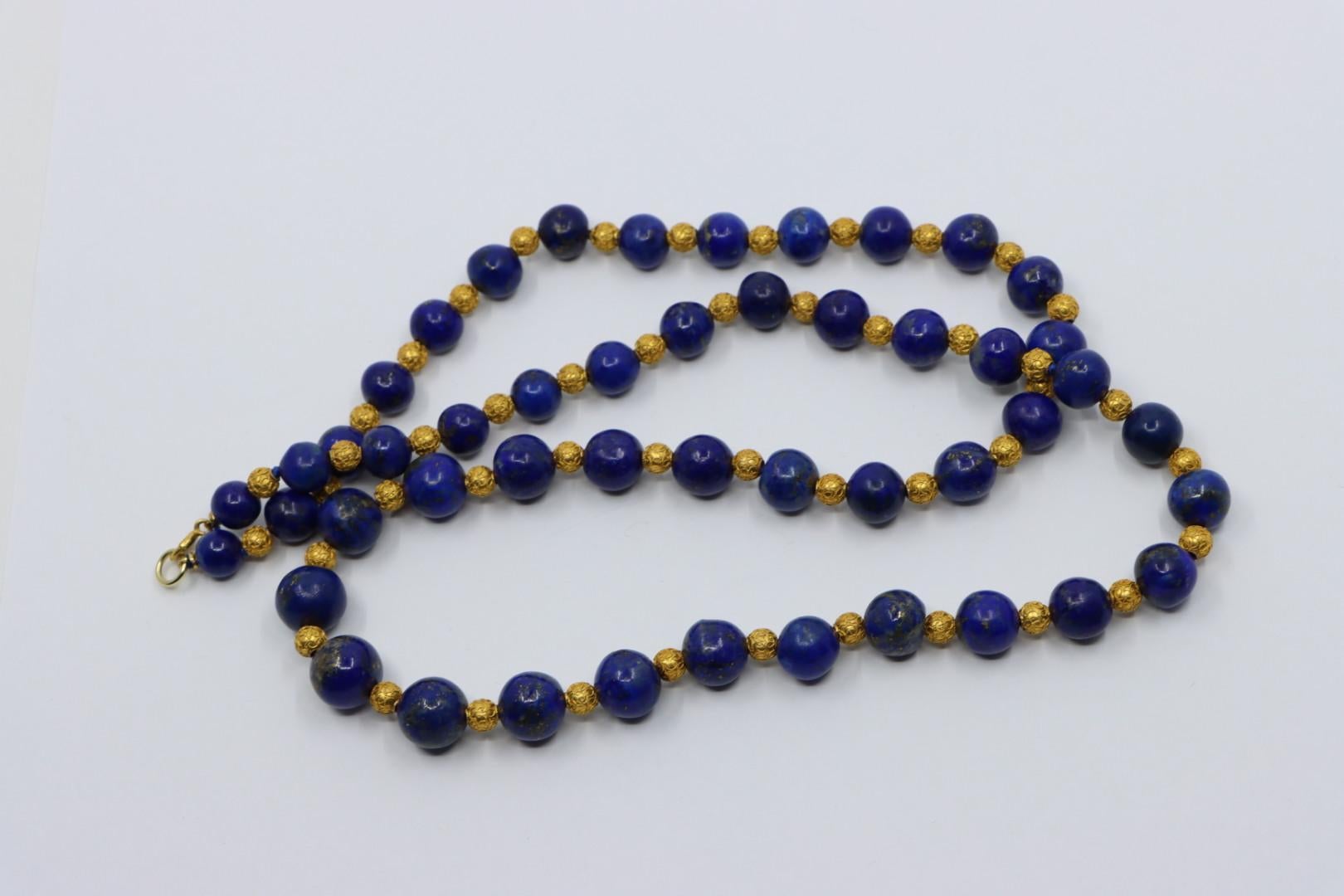 Vintage 14K Gold Lapis Beads Necklace For Sale at 1stDibs