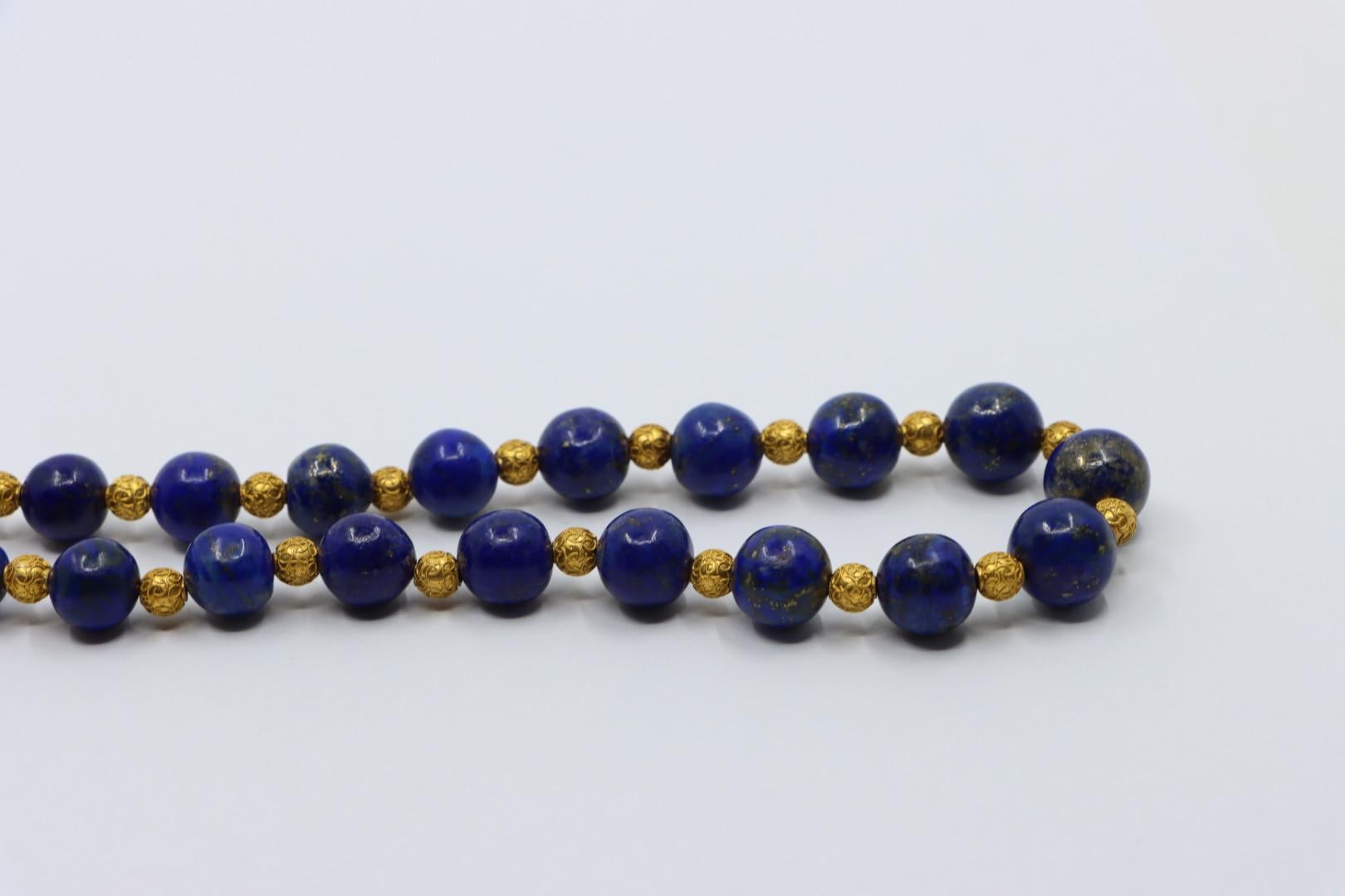 Vintage 14K Gold Lapis Beads Necklace For Sale at 1stDibs