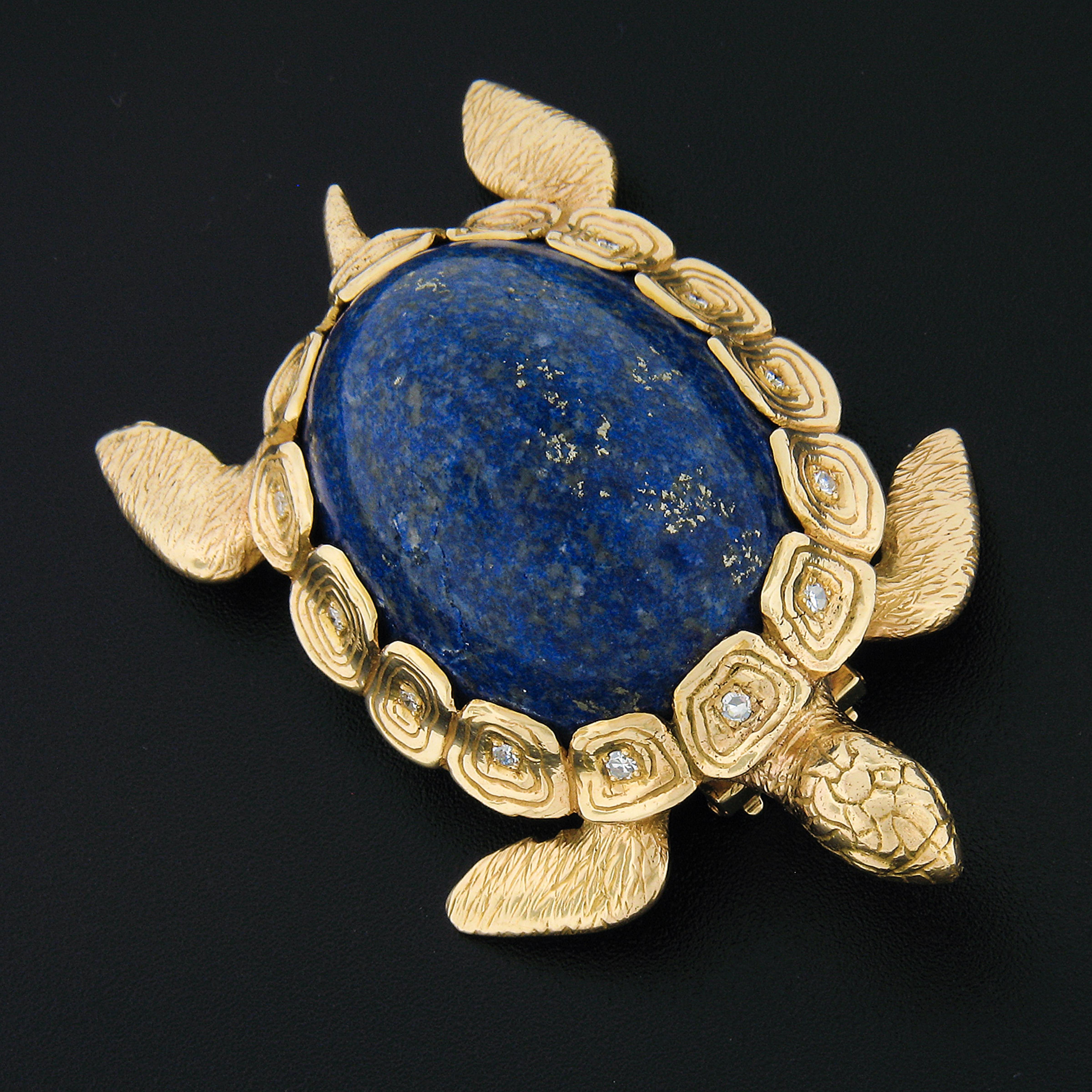 Vintage 14k Gold Large Blue Lapis w/ Diamond Textured Turtle Tortoise ...