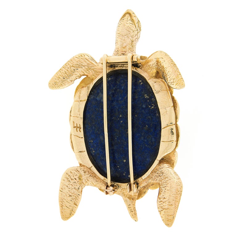 Vintage 14k Gold Large Blue Lapis w/ Diamond Textured Turtle Tortoise ...