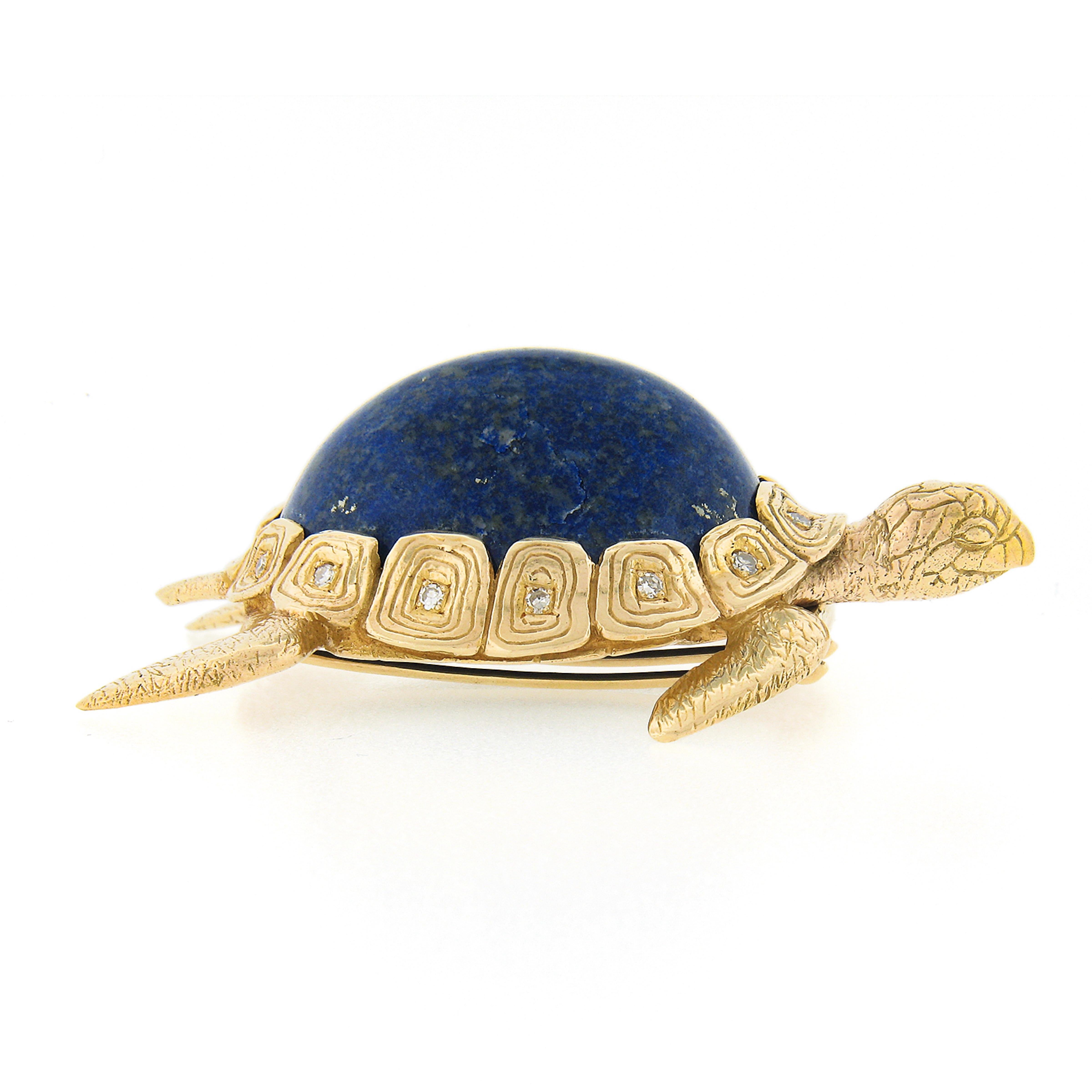 Vintage 14k Gold Large Blue Lapis w/ Diamond Textured Turtle Tortoise ...