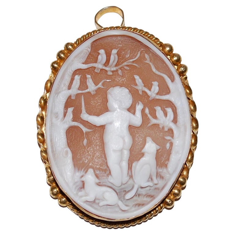 Vintage 14k Gold Large Cameo with Putti Singing Birds and Dogs For Sale ...