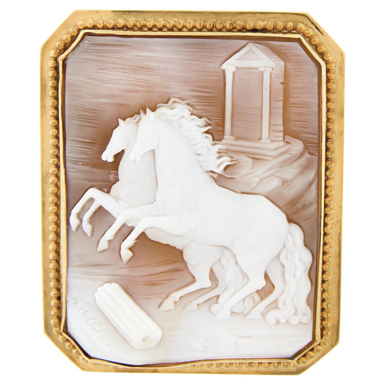 Vintage 14k Gold LARGE Carved 2 Horses Jumping Shell Cameo Pin Brooch ...