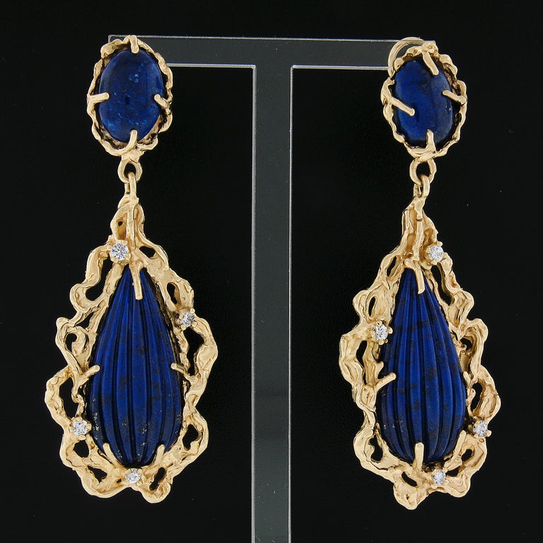Vintage 14K Gold Large Lapis and Diamond Nugget Freeform Work Drop ...