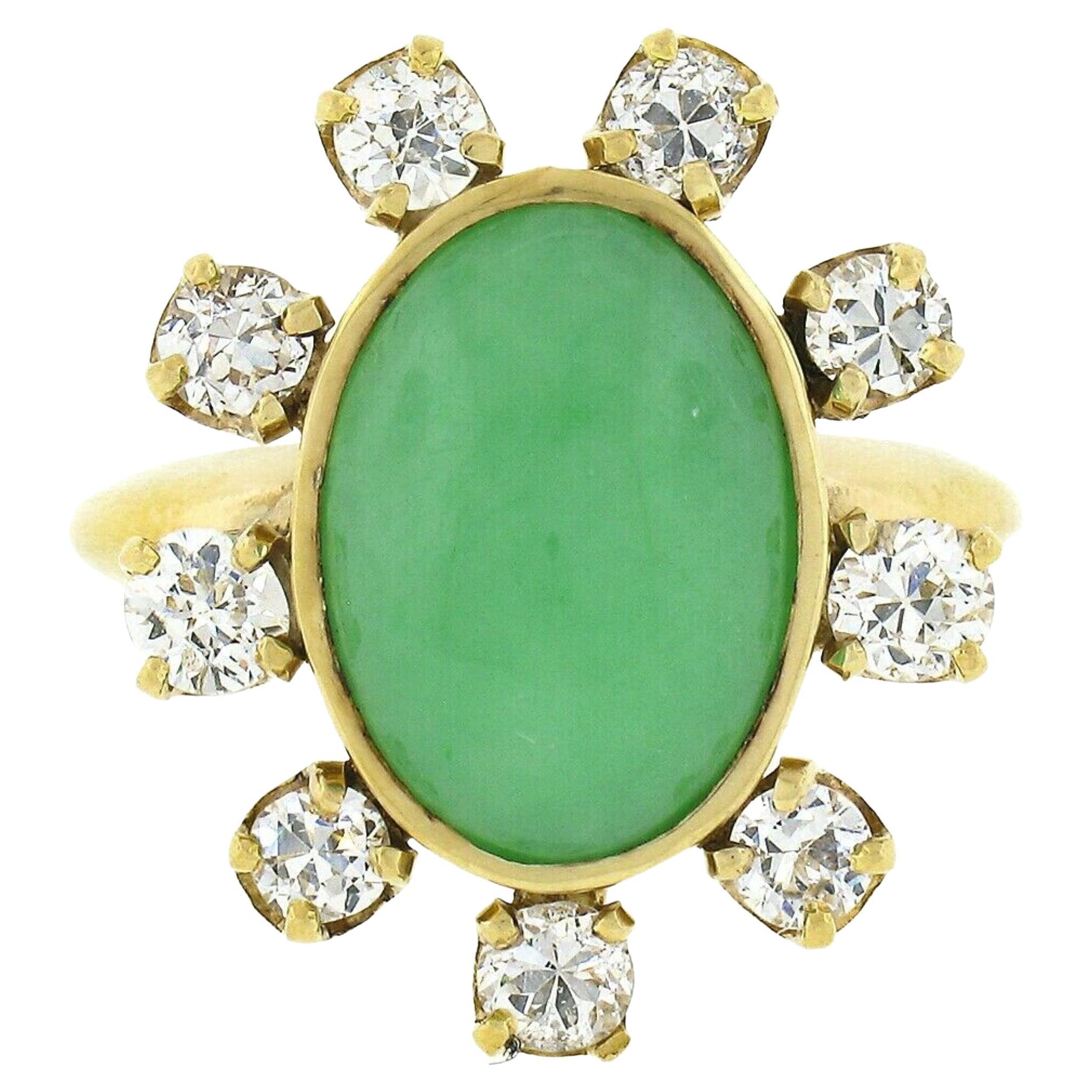 Vintage 12k Gold Elongated Cushion Jade And European Cut Diamond Halo