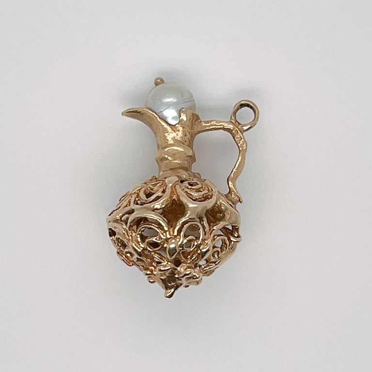 Vintage 14k Gold Pitcher or Wine Ewer with a Pearl Lid Charm for a ...