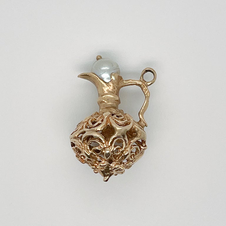 Vintage 14k Gold Pitcher or Wine Ewer with a Pearl Lid Charm for a ...