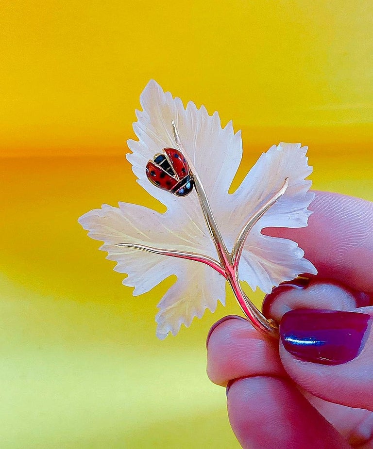 Vintage 14k Gold Rock Crystal Leaf Brooch For Sale at 1stDibs