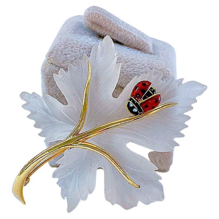Vintage 14k Gold Rock Crystal Leaf Brooch For Sale at 1stDibs