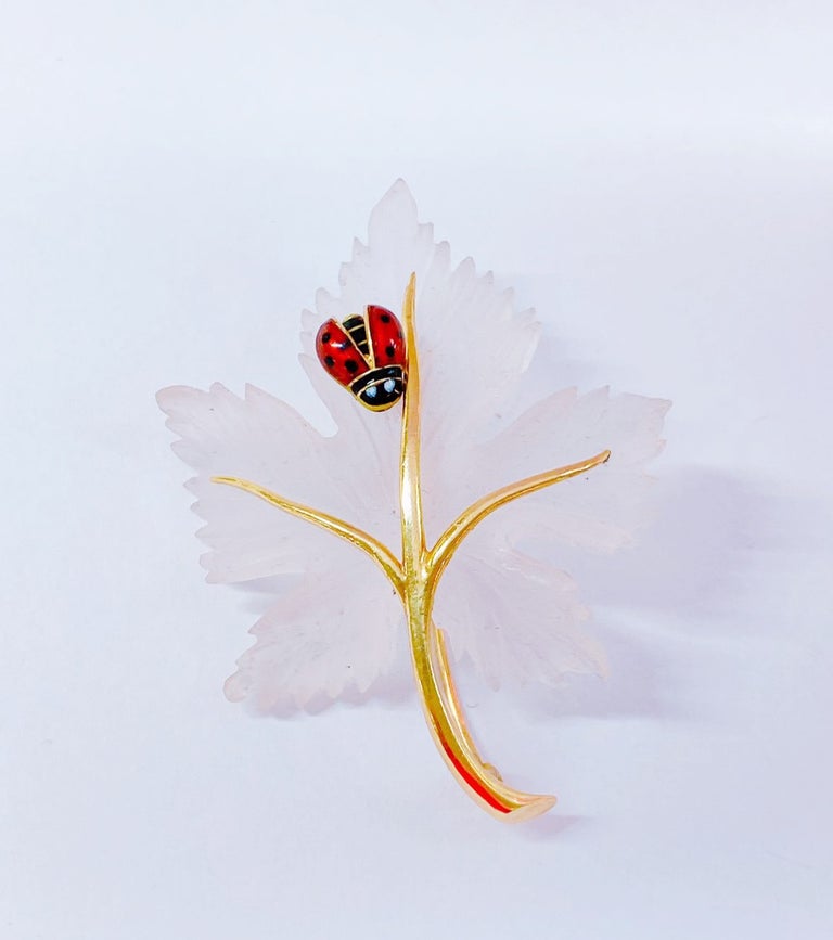 Vintage 14k Gold Rock Crystal Leaf Brooch For Sale at 1stDibs