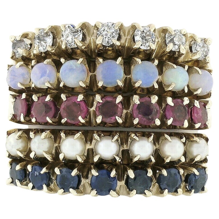 Bague harem empilable vintage à 5 anneaux en or 14 carats avec rubis ...