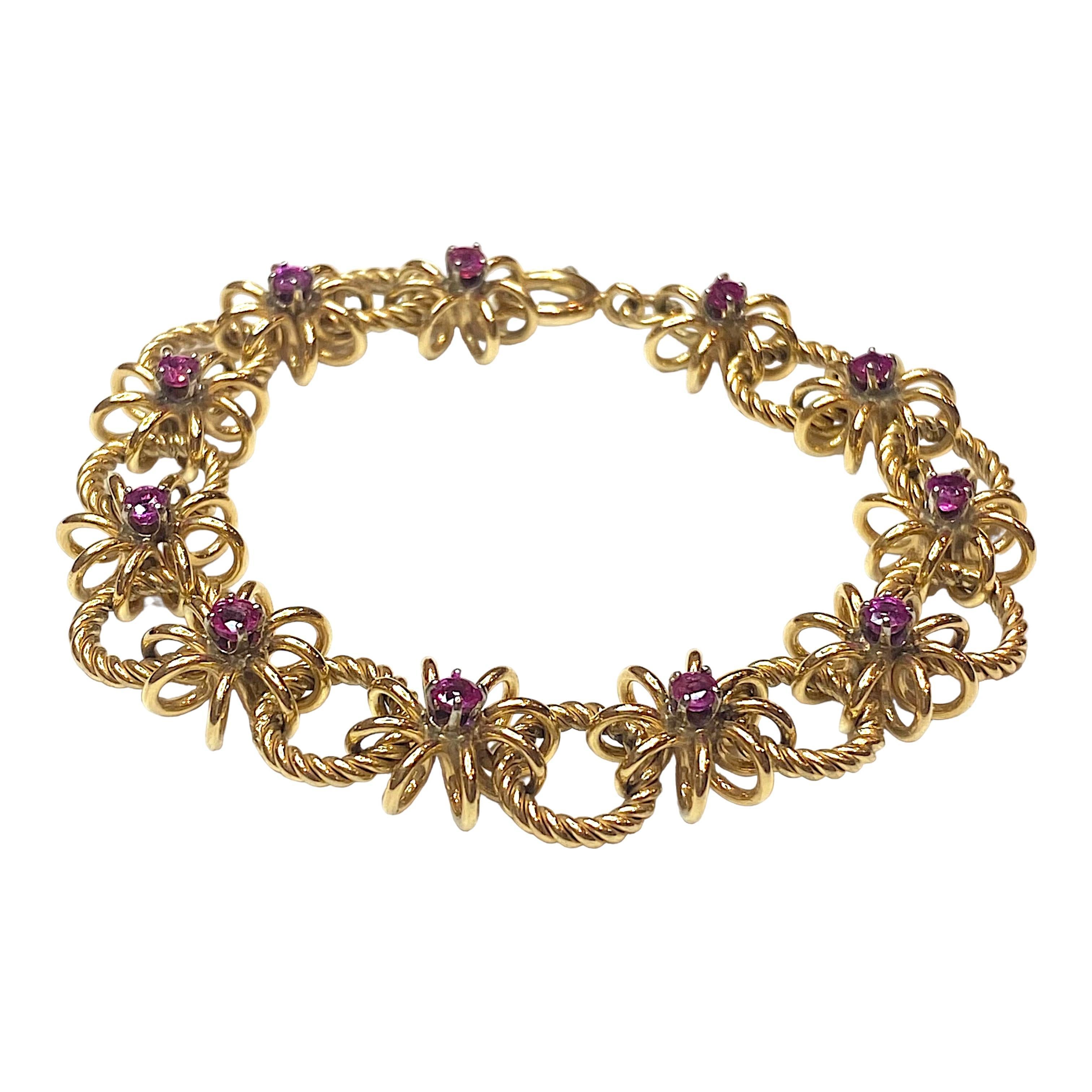 Vintage 14K Gold and Ruby Florets Bracelet For Sale at 1stDibs