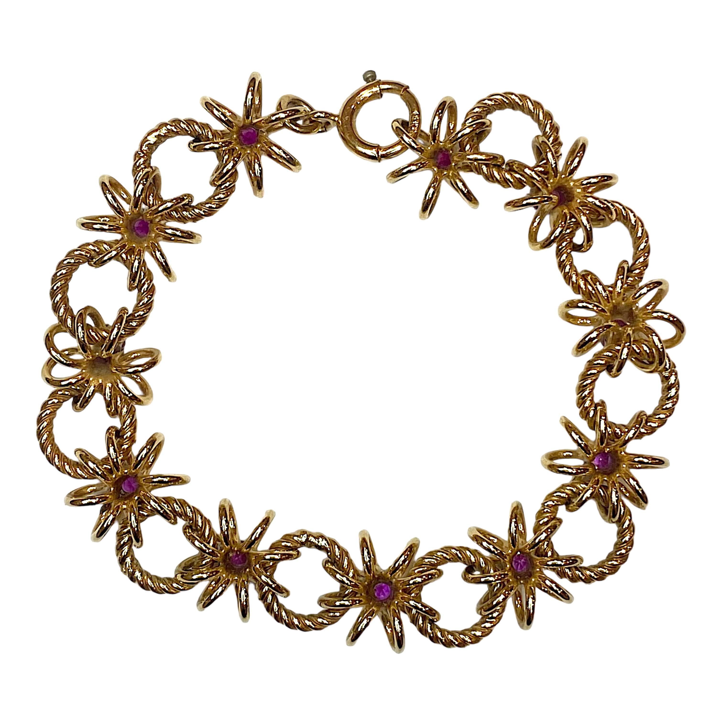 Vintage 14K Gold and Ruby Florets Bracelet For Sale at 1stDibs