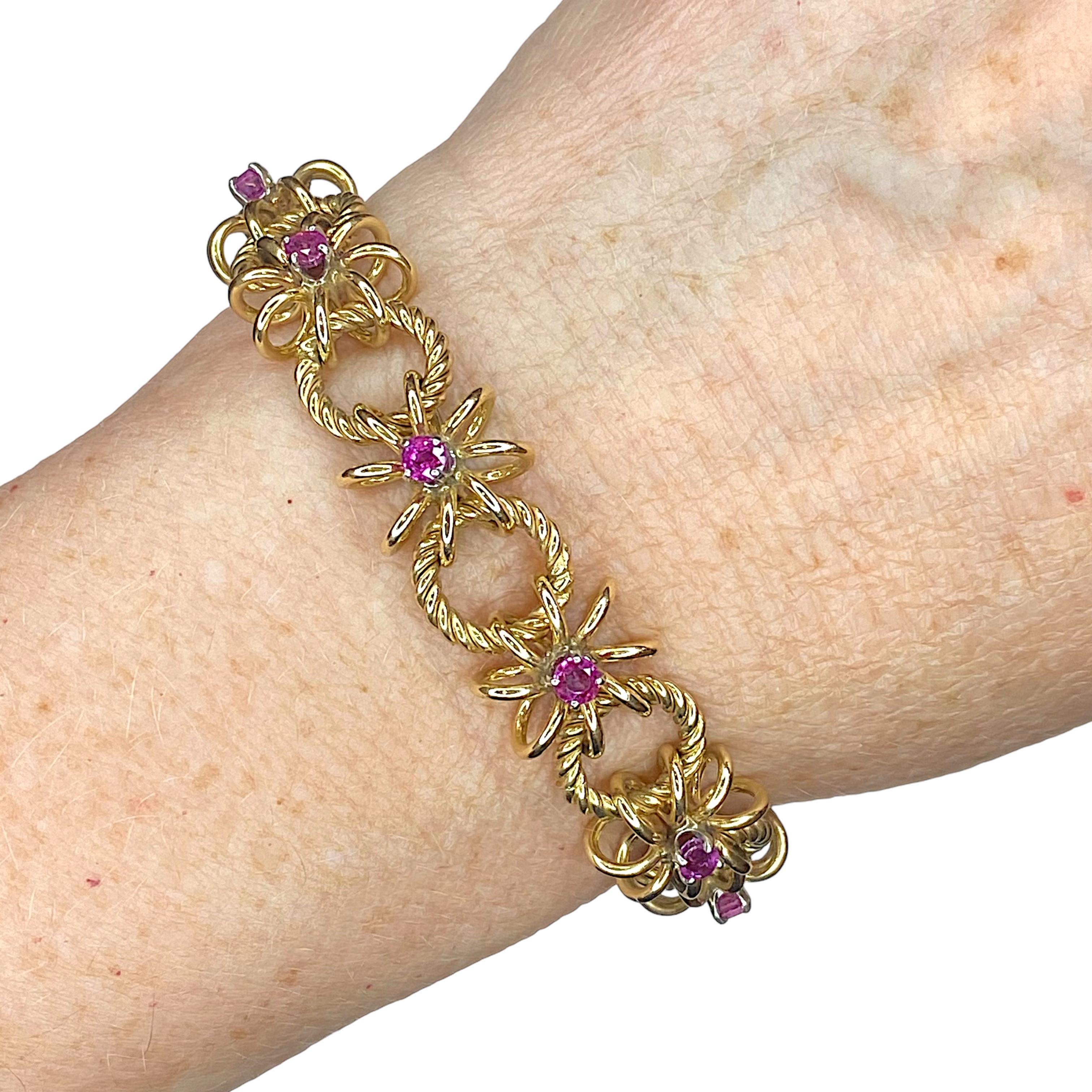 Vintage 14K Gold and Ruby Florets Bracelet For Sale at 1stDibs