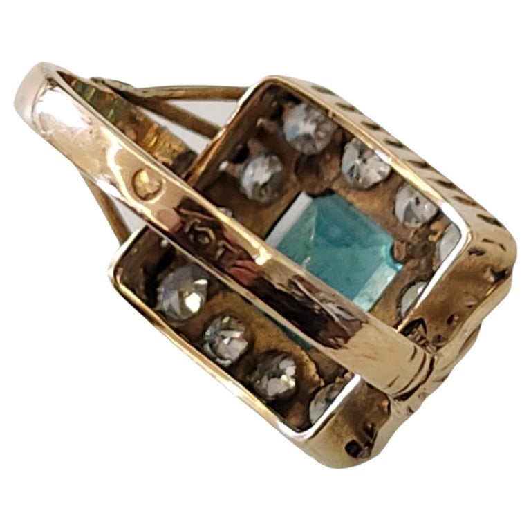 Vintage 14k Gold Russian Emerald Diamond Ring For Sale at 1stDibs