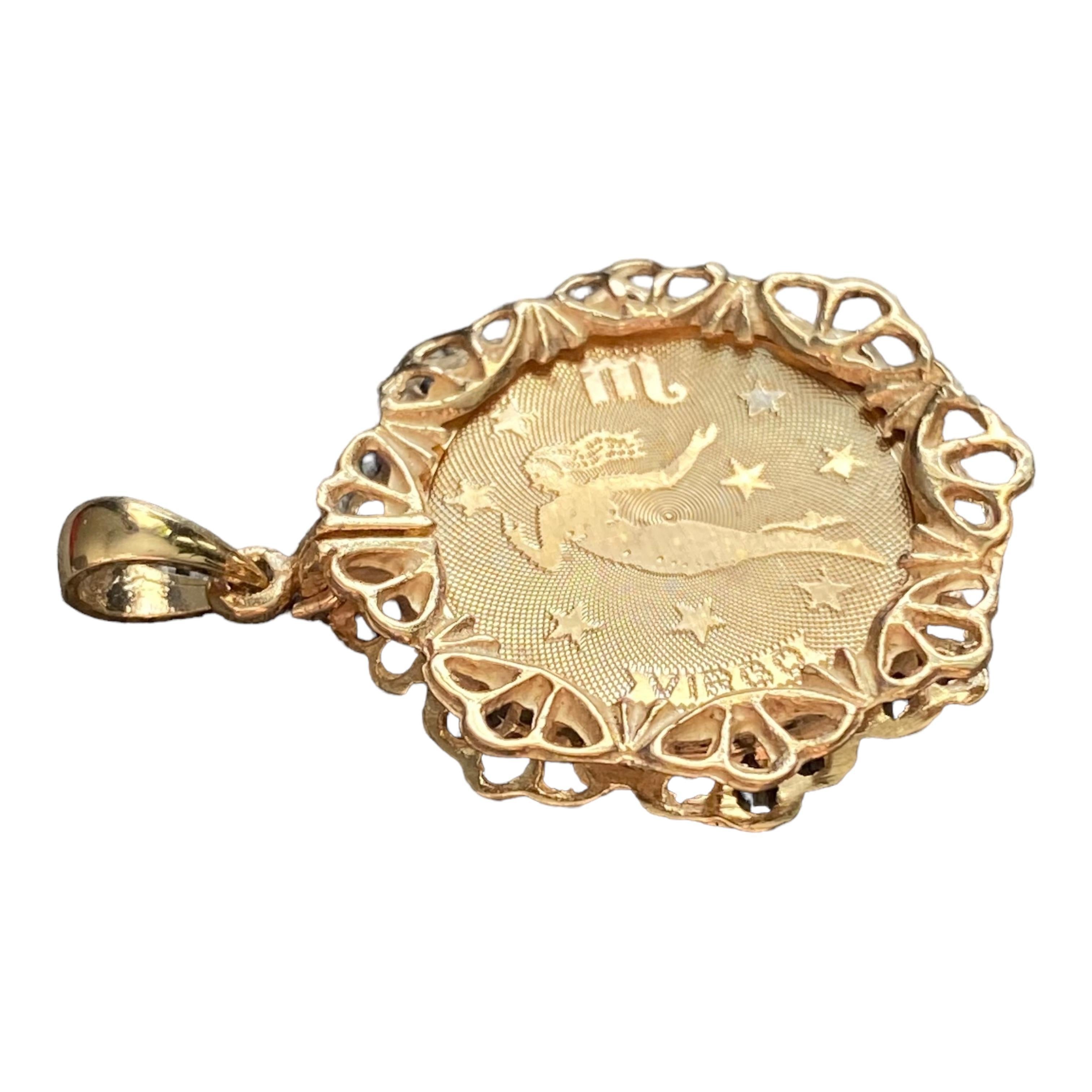 Vintage 14K Gold Zodiac Virgo Medallion Pendant For Sale at 1stDibs