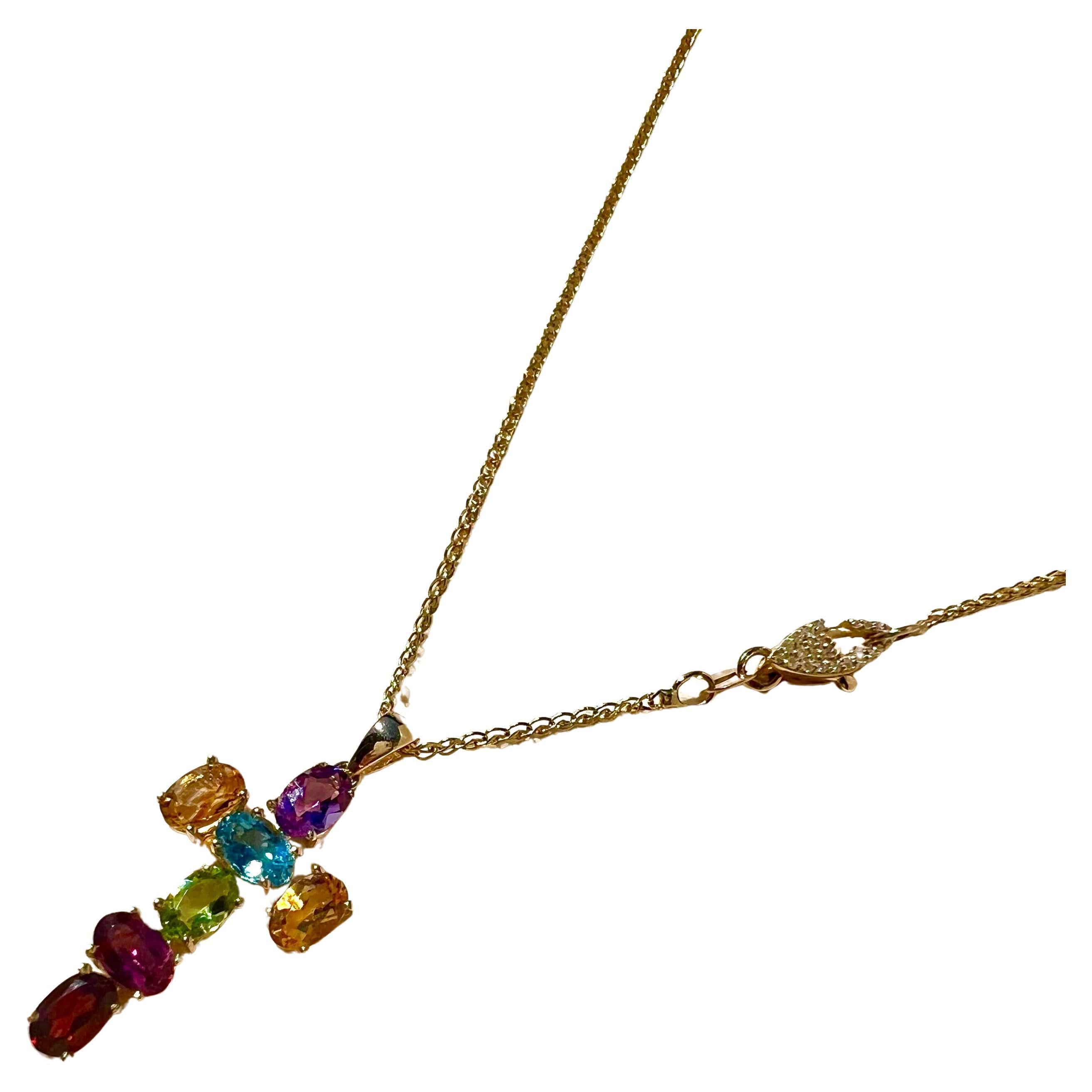 14k Gold Multi-Stone Cross Necklace For Sale at 1stDibs