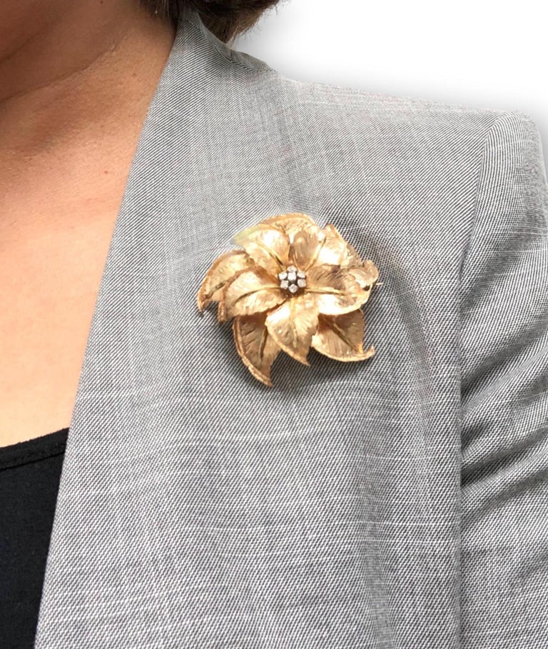 Vintage 14K Rose and Yellow Gold and Diamonds Flower Brooch Pin Large ...