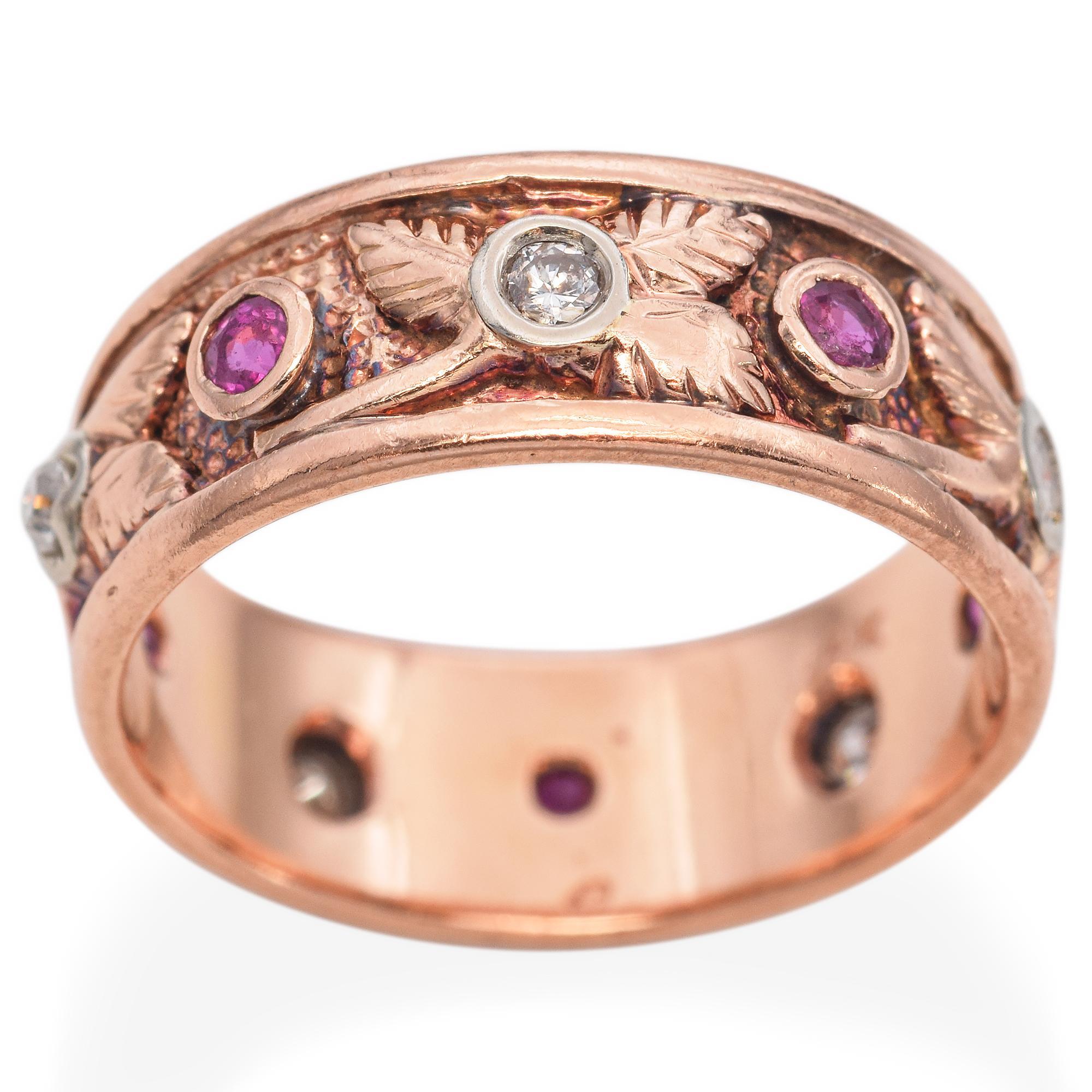 Vintage 14K Rose Gold Pink Sapphire and Diamond Leaf Motif Band For ...