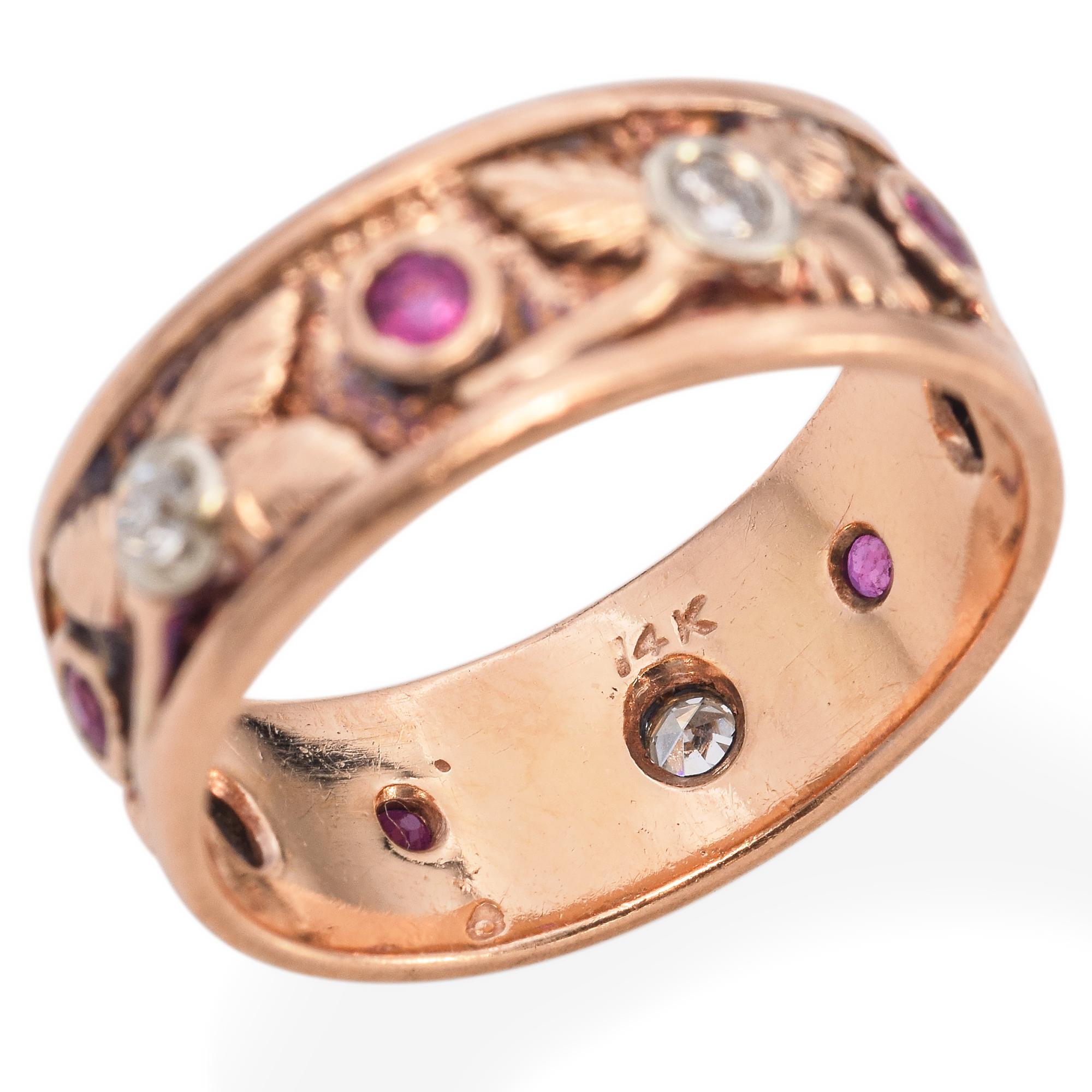Vintage 14K Rose Gold Pink Sapphire and Diamond Leaf Motif Band For ...