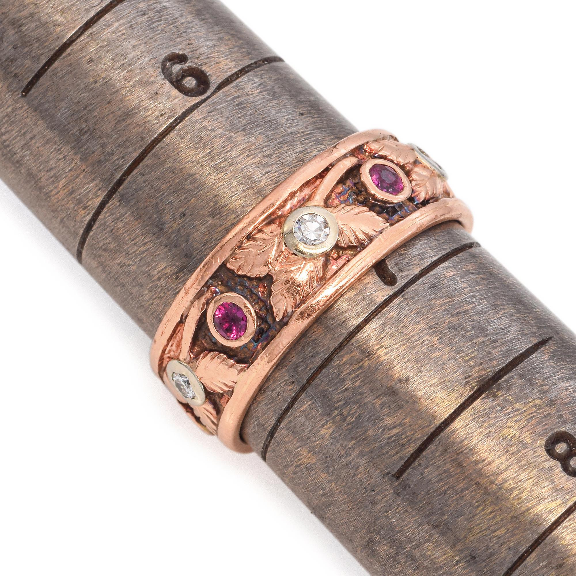 Vintage 14K Rose Gold Pink Sapphire and Diamond Leaf Motif Band For ...