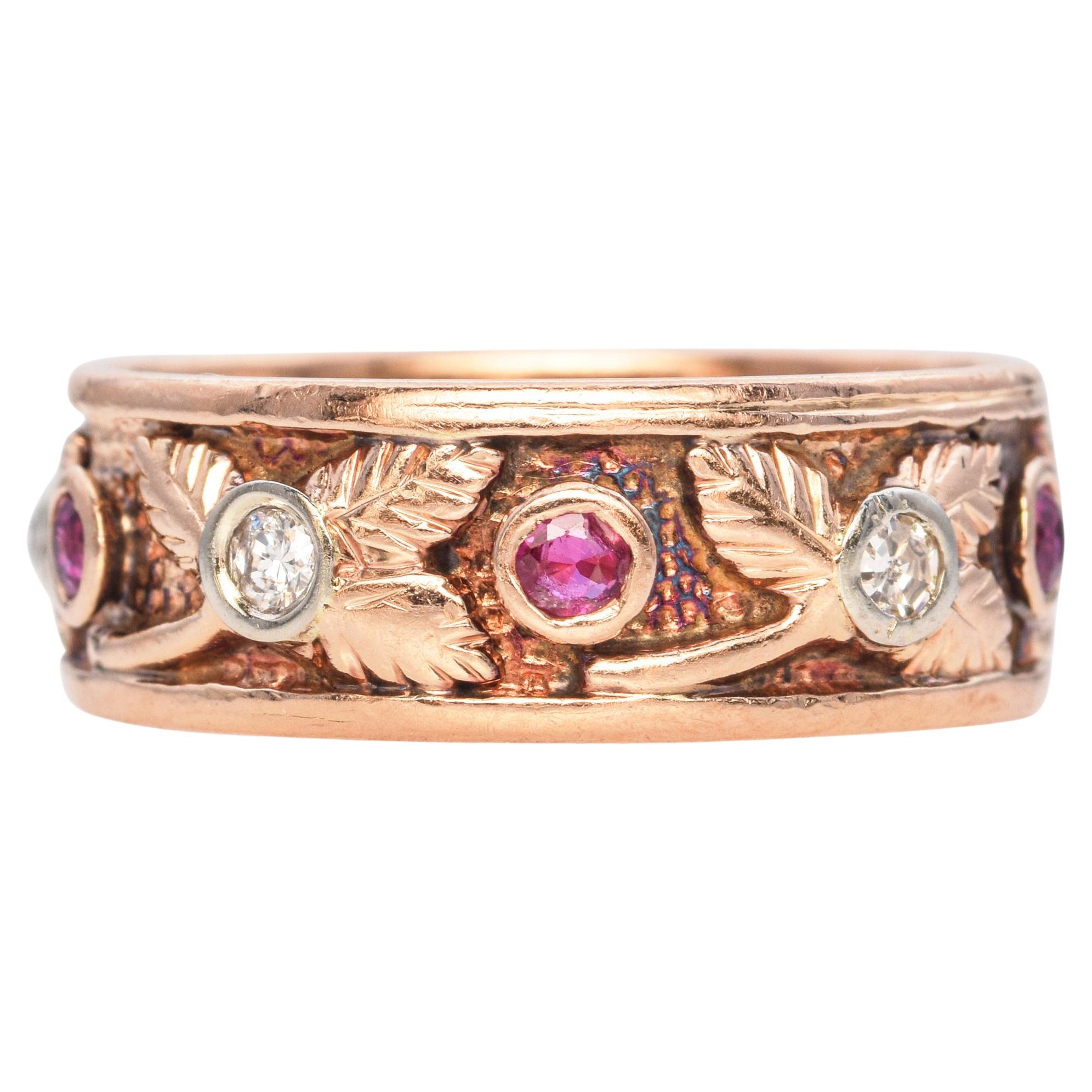 Vintage 14K Rose Gold Pink Sapphire and Diamond Leaf Motif Band For ...