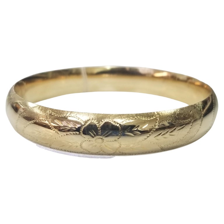Vintage 14k Yellow Gold Wide Half Round Bangle with Flower Engraving ...