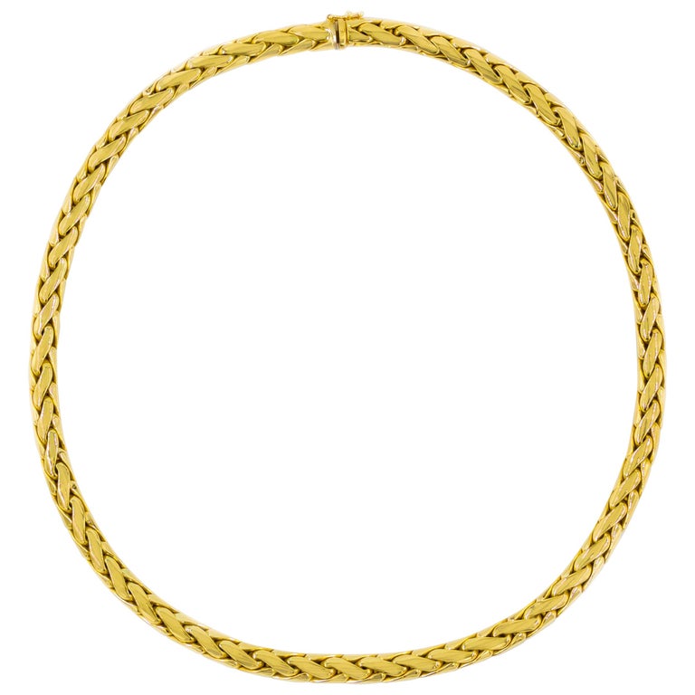 Vintage 14k Yellow Gold Long Wheat Weave Necklace For Sale at 1stDibs