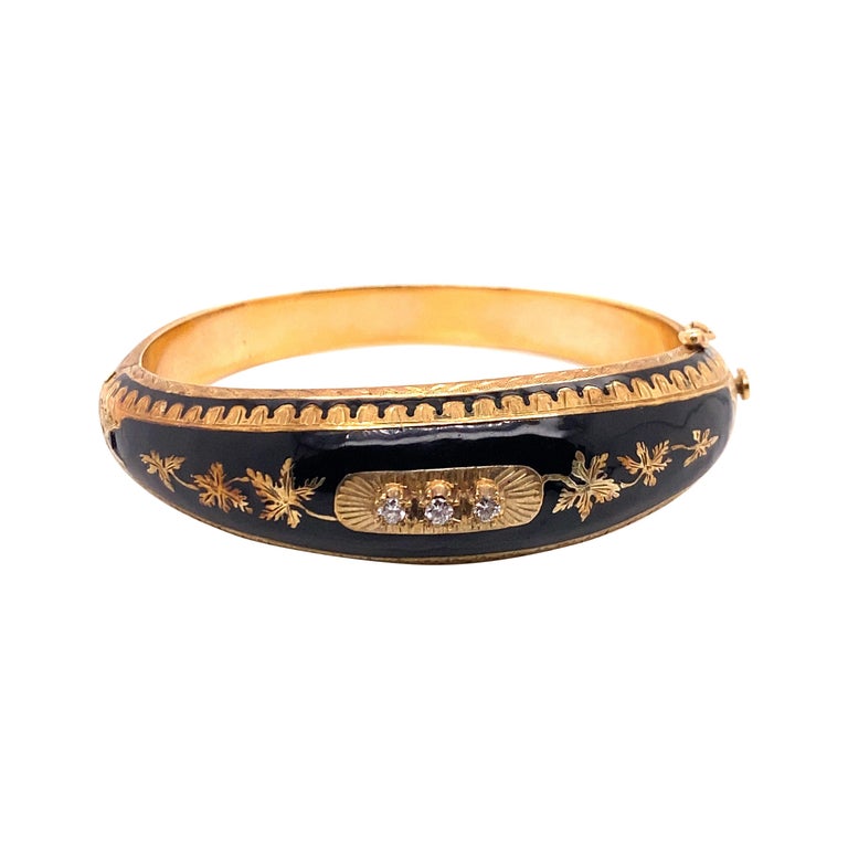 Vintage 14k Yellow Gold and Black Enamel Bangle with 3 Diamonds For ...