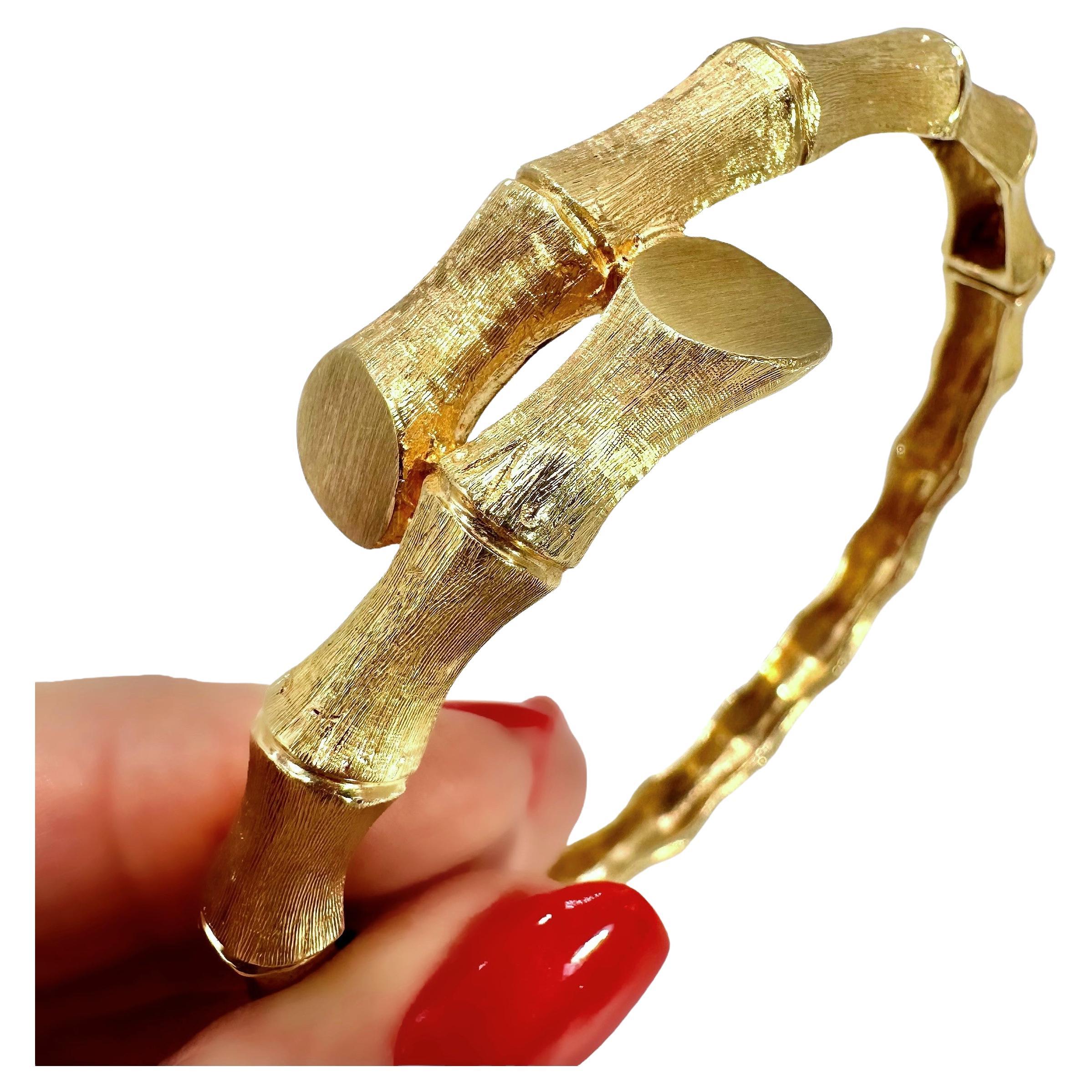 Vintage 14K Yellow Gold Bamboo Motif Bypass Bangle Bracelet For Sale at 1stDibs
