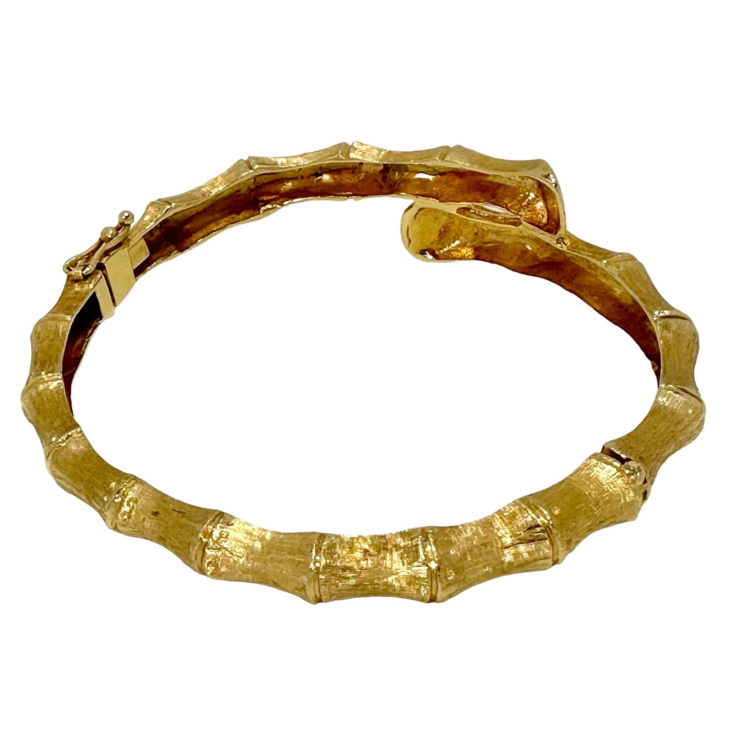 Vintage 14K Yellow Gold Bamboo Motif Bypass Bangle Bracelet For Sale at 1stDibs