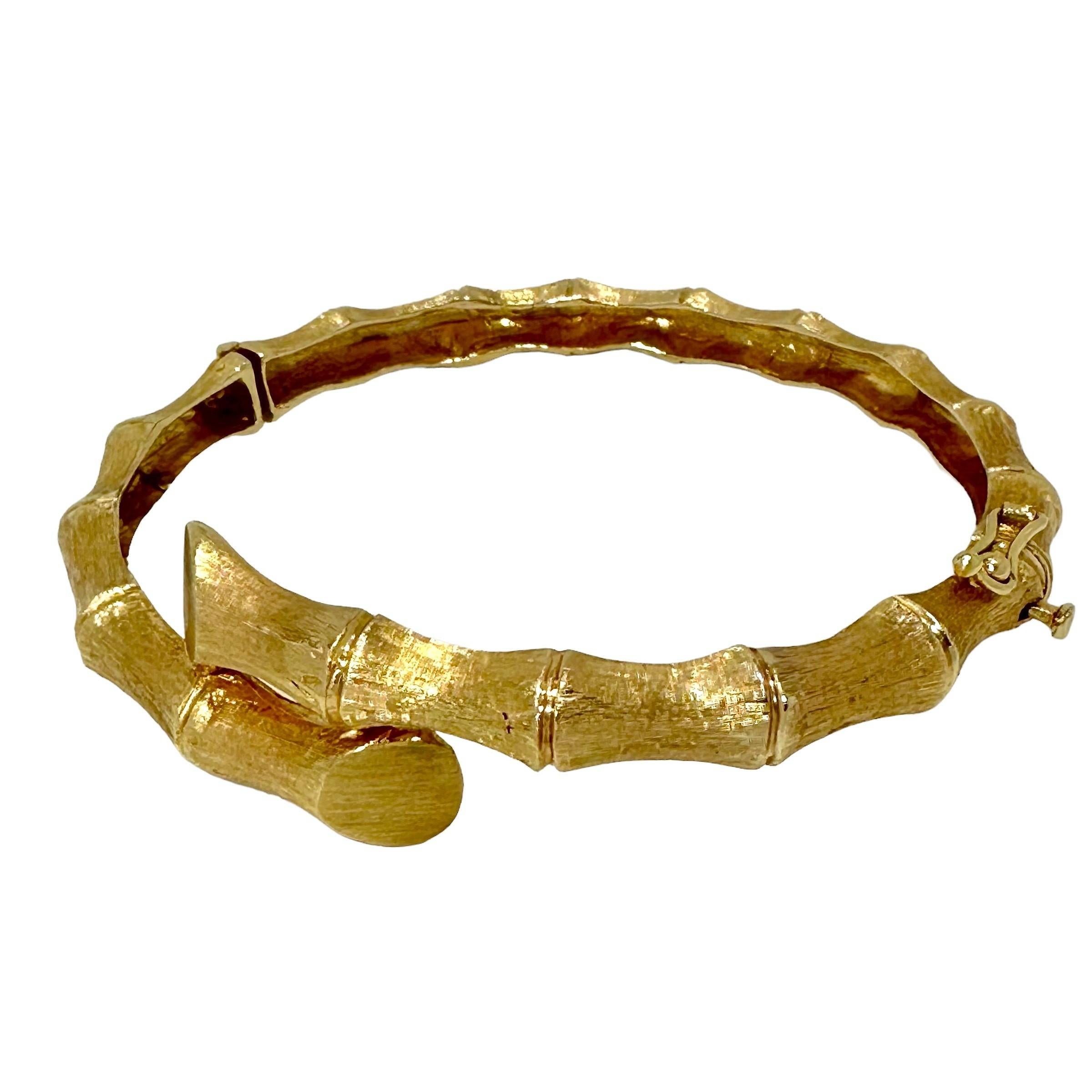 Vintage 14K Yellow Gold Bamboo Motif Bypass Bangle Bracelet For Sale at 1stDibs